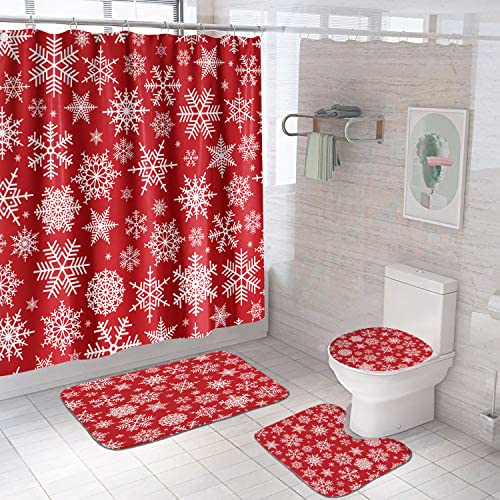 GRIEKOWE 4 Pcs Shower Curtain Set Christmas Snowflake Red Winter Xmas with Non-Slip Rugs Toilet Lid Cover and Bath Mat Bathroom Decor Set, Screen Full of Small Snowflakes 72" x 72" in