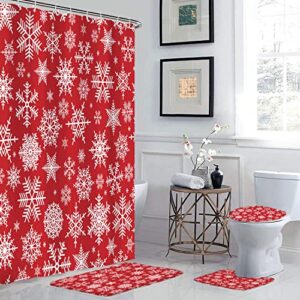 GRIEKOWE 4 Pcs Shower Curtain Set Christmas Snowflake Red Winter Xmas with Non-Slip Rugs Toilet Lid Cover and Bath Mat Bathroom Decor Set, Screen Full of Small Snowflakes 72" x 72" in