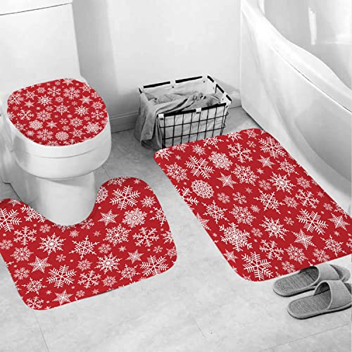 GRIEKOWE 4 Pcs Shower Curtain Set Christmas Snowflake Red Winter Xmas with Non-Slip Rugs Toilet Lid Cover and Bath Mat Bathroom Decor Set, Screen Full of Small Snowflakes 72" x 72" in