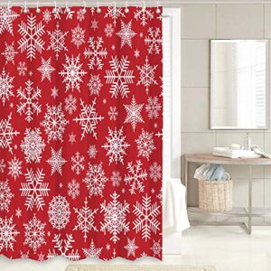 GRIEKOWE 4 Pcs Shower Curtain Set Christmas Snowflake Red Winter Xmas with Non-Slip Rugs Toilet Lid Cover and Bath Mat Bathroom Decor Set, Screen Full of Small Snowflakes 72" x 72" in