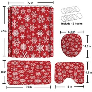 GRIEKOWE 4 Pcs Shower Curtain Set Christmas Snowflake Red Winter Xmas with Non-Slip Rugs Toilet Lid Cover and Bath Mat Bathroom Decor Set, Screen Full of Small Snowflakes 72" x 72" in