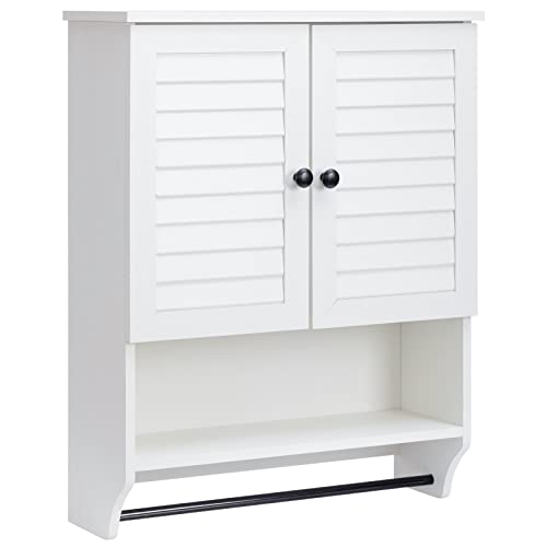 ALIMORDEN Wood Wall Storage Cabinet with Double Shutter Doors, White Bathroom Medicine Cabinet with Towel Bar, White