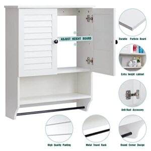 ALIMORDEN Wood Wall Storage Cabinet with Double Shutter Doors, White Bathroom Medicine Cabinet with Towel Bar, White