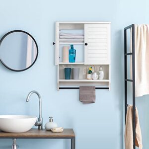 ALIMORDEN Wood Wall Storage Cabinet with Double Shutter Doors, White Bathroom Medicine Cabinet with Towel Bar, White