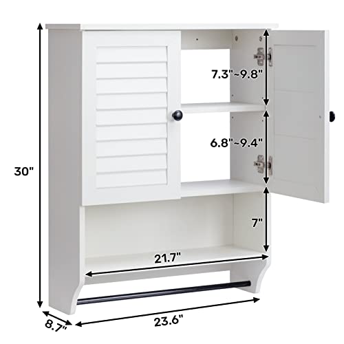 ALIMORDEN Wood Wall Storage Cabinet with Double Shutter Doors, White Bathroom Medicine Cabinet with Towel Bar, White