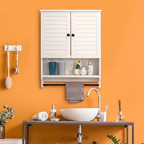 ALIMORDEN Wood Wall Storage Cabinet with Double Shutter Doors, White Bathroom Medicine Cabinet with Towel Bar, White