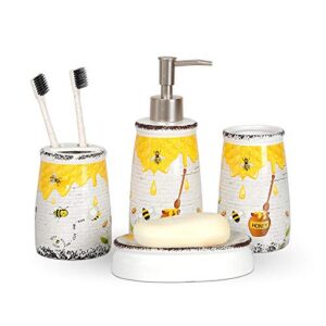 vintage ceramic bathroom accessories sets,bathroom vanity decor sets printed cartoon yellow honey and bee 4 piece contain soap dispenser,1 pcs tumbler,toothbrush holder,soap dish for home hotel toil