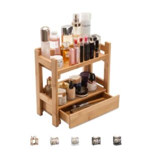 gobam bathroom counter organizer shelf cosmetic and vanity perfume organizer shelf with drawer, easily assembled suitable for mom or wife, bamboo