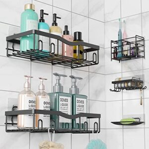 upalled 5 pack shower caddy, strong adhesive shower organizer shelf with hooks. rustproof wall-mounted shower shelves for kitchen, dorm and bathroom organizer. no drilling (black)