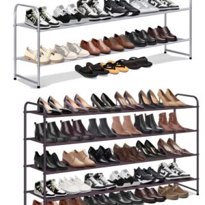 MISSLO 2 Tier Long Shoe Rack for Closet and 4 Tier Long Shoe Organizer for Closet Shoe Organizer Holds Wide Low Stackable Shoe Storage Shelf for Bedroom Floor, Men Boots, Women Heels, Kids Sneakers