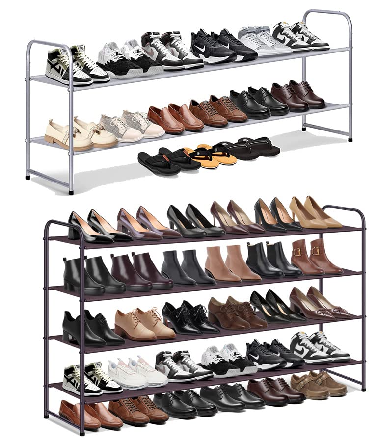 MISSLO 2 Tier Long Shoe Rack for Closet and 4 Tier Long Shoe Organizer for Closet Shoe Organizer Holds Wide Low Stackable Shoe Storage Shelf for Bedroom Floor, Men Boots, Women Heels, Kids Sneakers