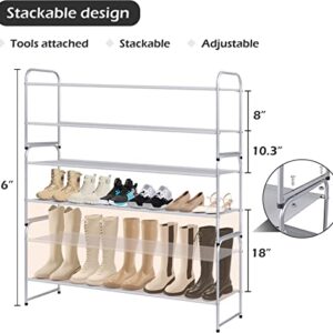 MISSLO 2 Tier Long Shoe Rack for Closet and 4 Tier Long Shoe Organizer for Closet Shoe Organizer Holds Wide Low Stackable Shoe Storage Shelf for Bedroom Floor, Men Boots, Women Heels, Kids Sneakers