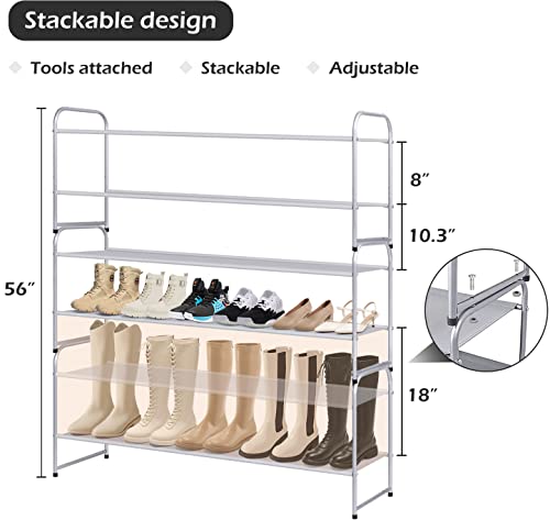 MISSLO 2 Tier Long Shoe Rack for Closet and 4 Tier Long Shoe Organizer for Closet Shoe Organizer Holds Wide Low Stackable Shoe Storage Shelf for Bedroom Floor, Men Boots, Women Heels, Kids Sneakers