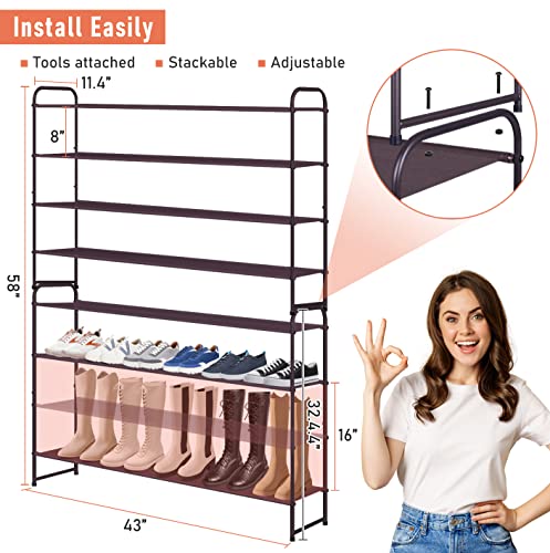 MISSLO 2 Tier Long Shoe Rack for Closet and 4 Tier Long Shoe Organizer for Closet Shoe Organizer Holds Wide Low Stackable Shoe Storage Shelf for Bedroom Floor, Men Boots, Women Heels, Kids Sneakers