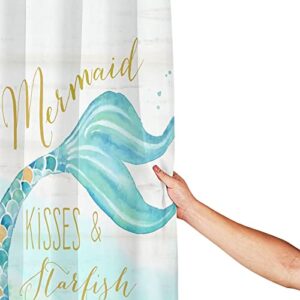 4 Piece Be a Mermaid and Make Waves Kisses Wishes Tail Shower Curtain Set with 12 Hooks Non-Slip Rugs Toilet Lid Cover Bath Mat Complete Bathroom Accessories Decor