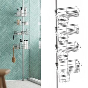 zenna home rust-resistant corner shower caddy for bathroom, 4 adjustable corner hugging l-shaped shelves, with tension pole, for bath and shower storage, 60-97 inch, satin nickel