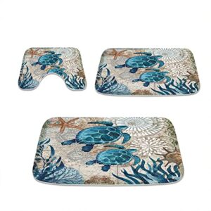 final friday nautical sea turtles blue ocean beach bathroom rugs and mats sets 3 piece, memory foam bath mat, u-shaped contour shower mat non slip absorbent, velvet washable 20 x 31 inch