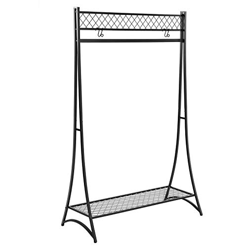 SONGMICS Clothes Garment Rack, Holds 110 lb, Elegant Tower Design, Grid Mesh Bottom Shelf, Clothing Rack for Bedroom Entryway, 37 x 15.9 x 64.6 Inches, Matte Black