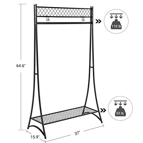 SONGMICS Clothes Garment Rack, Holds 110 lb, Elegant Tower Design, Grid Mesh Bottom Shelf, Clothing Rack for Bedroom Entryway, 37 x 15.9 x 64.6 Inches, Matte Black