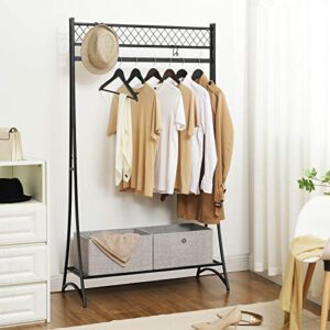 SONGMICS Clothes Garment Rack, Holds 110 lb, Elegant Tower Design, Grid Mesh Bottom Shelf, Clothing Rack for Bedroom Entryway, 37 x 15.9 x 64.6 Inches, Matte Black