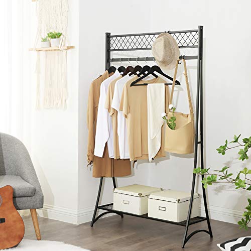 SONGMICS Clothes Garment Rack, Holds 110 lb, Elegant Tower Design, Grid Mesh Bottom Shelf, Clothing Rack for Bedroom Entryway, 37 x 15.9 x 64.6 Inches, Matte Black