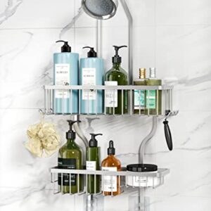 YASONIC Shower Caddy Over Shower Head Never Rust Aluminum Large Hanging Shower Caddy with 10 Hooks for Razor/Sponge - Over The Shower Head Caddy with Soap Basket - Hanging Shower Organizer Silver