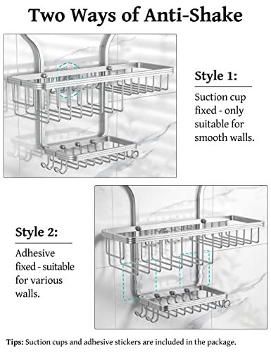 YASONIC Shower Caddy Over Shower Head Never Rust Aluminum Large Hanging Shower Caddy with 10 Hooks for Razor/Sponge - Over The Shower Head Caddy with Soap Basket - Hanging Shower Organizer Silver