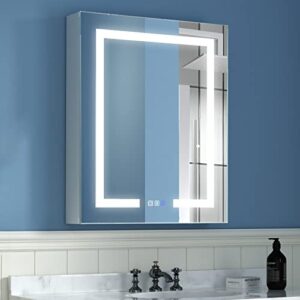 exbrite led lighted bathroom medicine cabinet with mirror, 24 x 30 inch, recessed or surface led medicine cabinet, defog, stepless dimming,color temper change, 2 outlets,storage shelves,right hinge