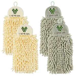 4 pack chenille hand towel with hanging loops, soft absorbent microfiber embroidery hanging hand towels plush quick-drying chenille ball hand towels for bathroom kitchen (light green + beige)