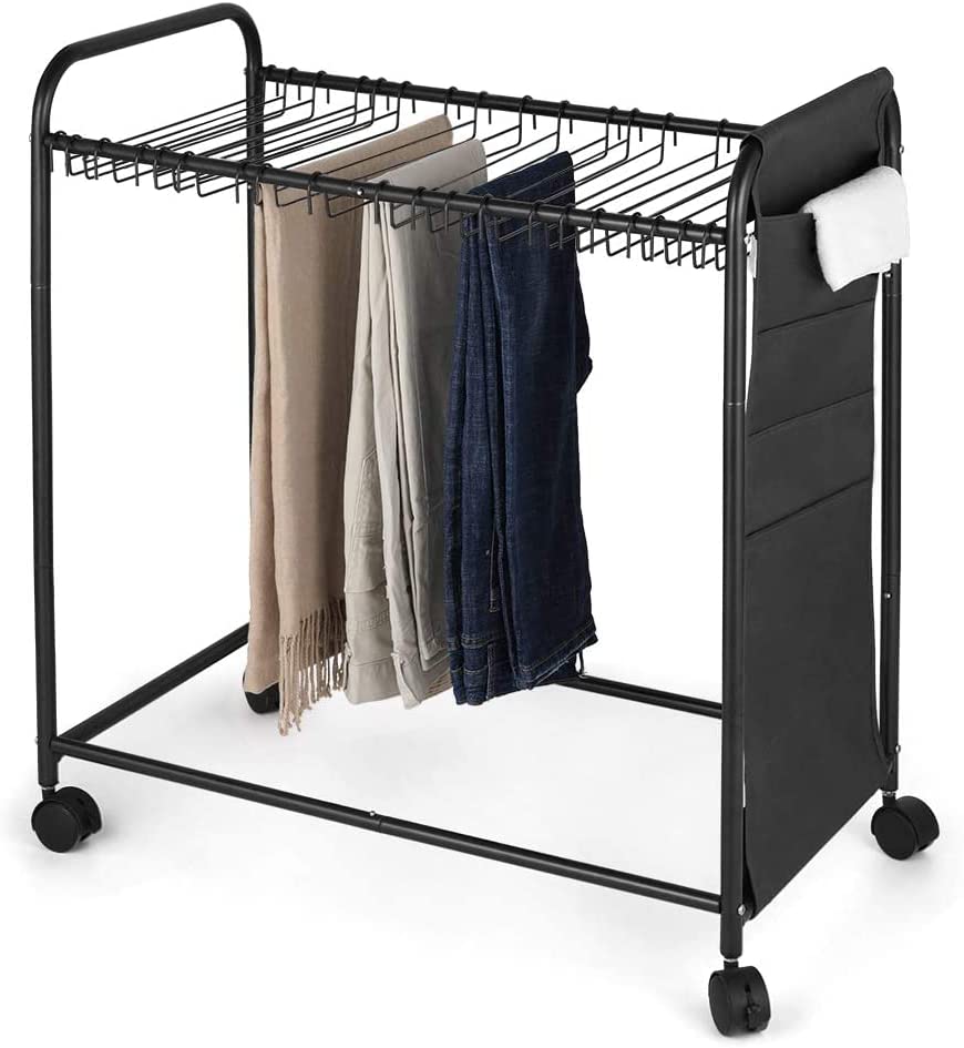 Pants Hanger Rolling Pants Trolley for Closet Pants Trouser Organizer with 20 Hangers and Side Bag for Dress Jeans Skirts Metal, Black