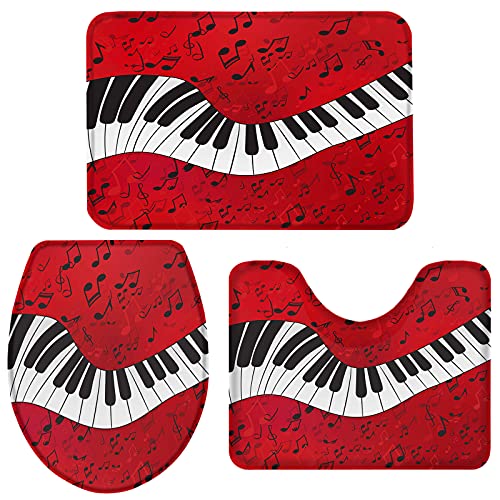 3 Piece Bathroom Rugs Sets Piano Key Music Notes Art Non-Slip Toilet Lid Cover for Bathroom Red White Absorbent Contour Mat with Rubber Backing Floor Mats for Shower Large