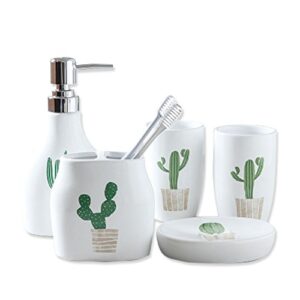 5 piece ceramic bath accessory set includes bathroom designer soap or lotion dispenser,toothbrush holder,tumbler,soap dish,wedding,housewarmung gift (5 pieces, green cactus)