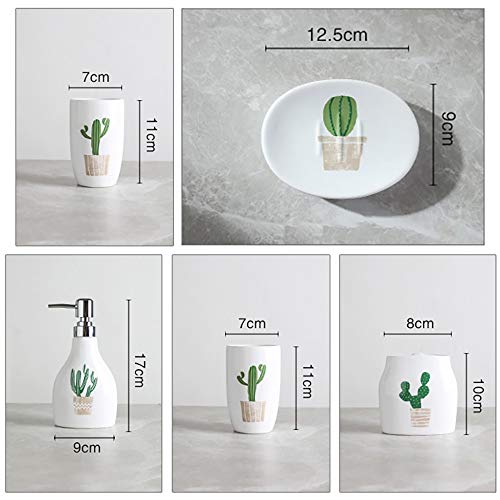 5 Piece Ceramic Bath Accessory Set Includes Bathroom Designer Soap or Lotion Dispenser,Toothbrush Holder,Tumbler,Soap Dish,Wedding,Housewarmung Gift (5 Pieces, Green Cactus)