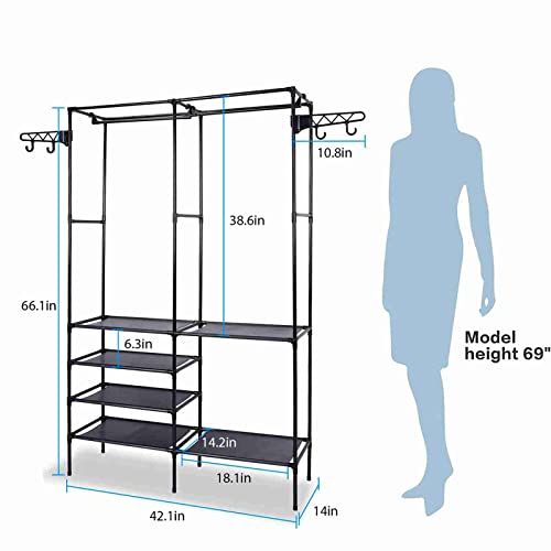 TeqHome Garment Rack, 42'' Freestanding Clothes Rack Shoe Clothing Organizer Shelves, Multifunctional Clothes Wardrobe with 4 Hooks & 2 Hanging Rods, Coated Iron Frame, Easy Assembly, Max Load 350lbs