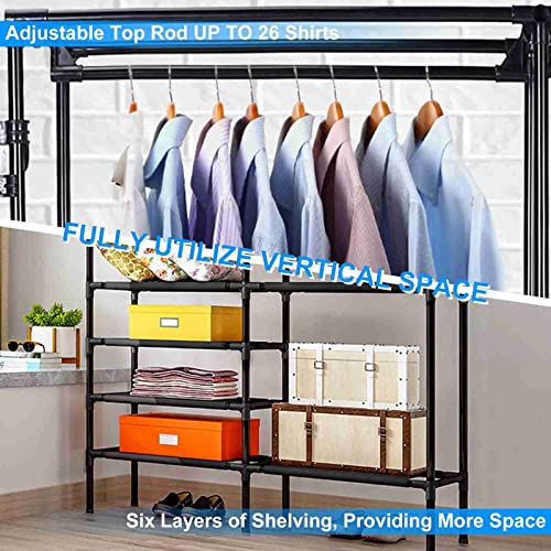 TeqHome Garment Rack, 42'' Freestanding Clothes Rack Shoe Clothing Organizer Shelves, Multifunctional Clothes Wardrobe with 4 Hooks & 2 Hanging Rods, Coated Iron Frame, Easy Assembly, Max Load 350lbs