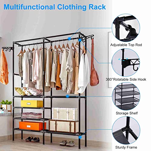 TeqHome Garment Rack, 42'' Freestanding Clothes Rack Shoe Clothing Organizer Shelves, Multifunctional Clothes Wardrobe with 4 Hooks & 2 Hanging Rods, Coated Iron Frame, Easy Assembly, Max Load 350lbs