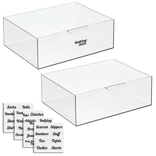 mDesign Plastic Closet Storage Organizer Bin Container with 32 Labels - Organizer for Drawers, Shelves, Bedroom, and Hallway Storage - 16" Long - 2 Pack + 32 Adhesive Labels - Clear