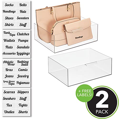 mDesign Plastic Closet Storage Organizer Bin Container with 32 Labels - Organizer for Drawers, Shelves, Bedroom, and Hallway Storage - 16" Long - 2 Pack + 32 Adhesive Labels - Clear