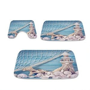 Kntiline Nautical Bathroom Rugs and Lighthouse Conch Shell Fishing Net Mats Sets 3 Piece, Velvet Memory Foam Ocean Blue Planks Bath Mat, Large Small and U-Shaped Contour Shower Mat Non-Slip Washable