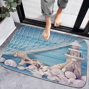 Kntiline Nautical Bathroom Rugs and Lighthouse Conch Shell Fishing Net Mats Sets 3 Piece, Velvet Memory Foam Ocean Blue Planks Bath Mat, Large Small and U-Shaped Contour Shower Mat Non-Slip Washable