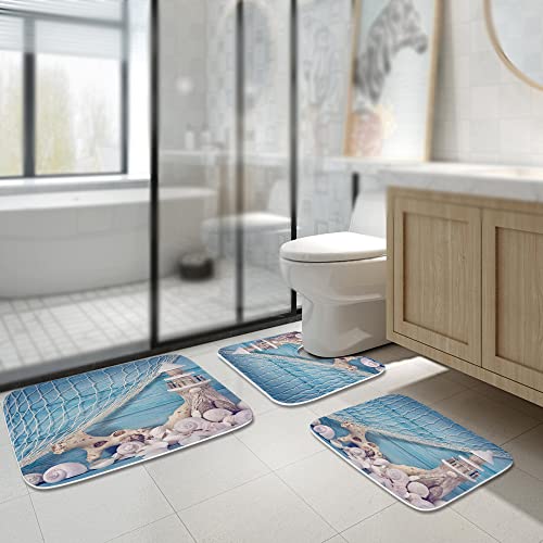 Kntiline Nautical Bathroom Rugs and Lighthouse Conch Shell Fishing Net Mats Sets 3 Piece, Velvet Memory Foam Ocean Blue Planks Bath Mat, Large Small and U-Shaped Contour Shower Mat Non-Slip Washable