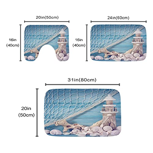 Kntiline Nautical Bathroom Rugs and Lighthouse Conch Shell Fishing Net Mats Sets 3 Piece, Velvet Memory Foam Ocean Blue Planks Bath Mat, Large Small and U-Shaped Contour Shower Mat Non-Slip Washable