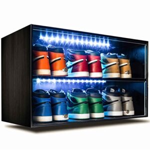 sneaker throne shoe rack with lights for up to 6 pairs of shoes, black - sleek wood shoe shelf with sliding doors for bedrooms, outdoors, garages - premium shoe organizers and storage for closets