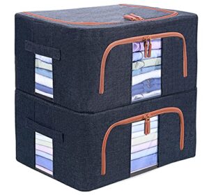 clothes storage bin boxes, 2 pack foldable clothes storage boxes, stackable frame storage bins boxes, fabric linen clothes storage organzier for clothes, blankets, bedrooms (15.7 x 12 x 7.9inch)