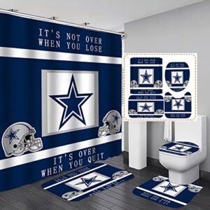 namdeva 4pcs/set inspirational quotes shower curtain, white navy blue striped texas star grey helmet american football player athlete modern cool sports bathroom decor, non-slip bath rugs, never quit