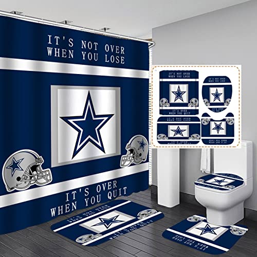 Namdeva 4PCS/Set Inspirational Quotes Shower Curtain, White Navy Blue Striped Texas Star Grey Helmet American Football Player Athlete Modern Cool Sports Bathroom Decor, Non-Slip Bath Rugs, Never Quit