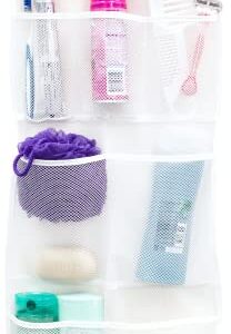 S&T INC. Shower Organizer with Quick Drying Mesh, Bathroom Caddy Organizer with 7 Pockets to Hold Toiletries, Shampoos, Soaps, and Loofahs, 14 Inch by 30 Inch, White, 1 Pack