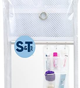 S&T INC. Shower Organizer with Quick Drying Mesh, Bathroom Caddy Organizer with 7 Pockets to Hold Toiletries, Shampoos, Soaps, and Loofahs, 14 Inch by 30 Inch, White, 1 Pack