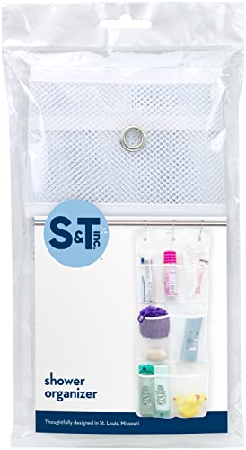 S&T INC. Shower Organizer with Quick Drying Mesh, Bathroom Caddy Organizer with 7 Pockets to Hold Toiletries, Shampoos, Soaps, and Loofahs, 14 Inch by 30 Inch, White, 1 Pack