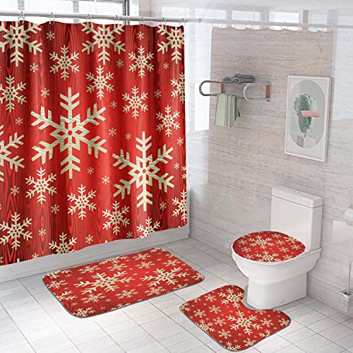 GRIEKOWE 4Pcs Snowflake Christmas Shower Curtain Set Red Background Shower Curtain Decor with Non-Slip Rugs Bath U-Shaped Mat Toilet Lid Cover , Waterproof Cute Bathroom Set with 12 Hooks, 72''×72''